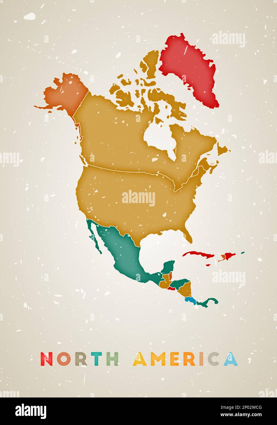 North America map. Continent poster with colored regions. Old grunge ...