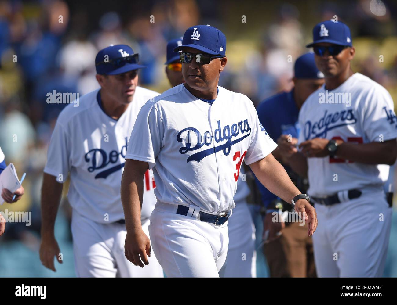 LOS ANGELES, CA - APRIL 03: Dodgers manager Dave Roberts walks off the ...