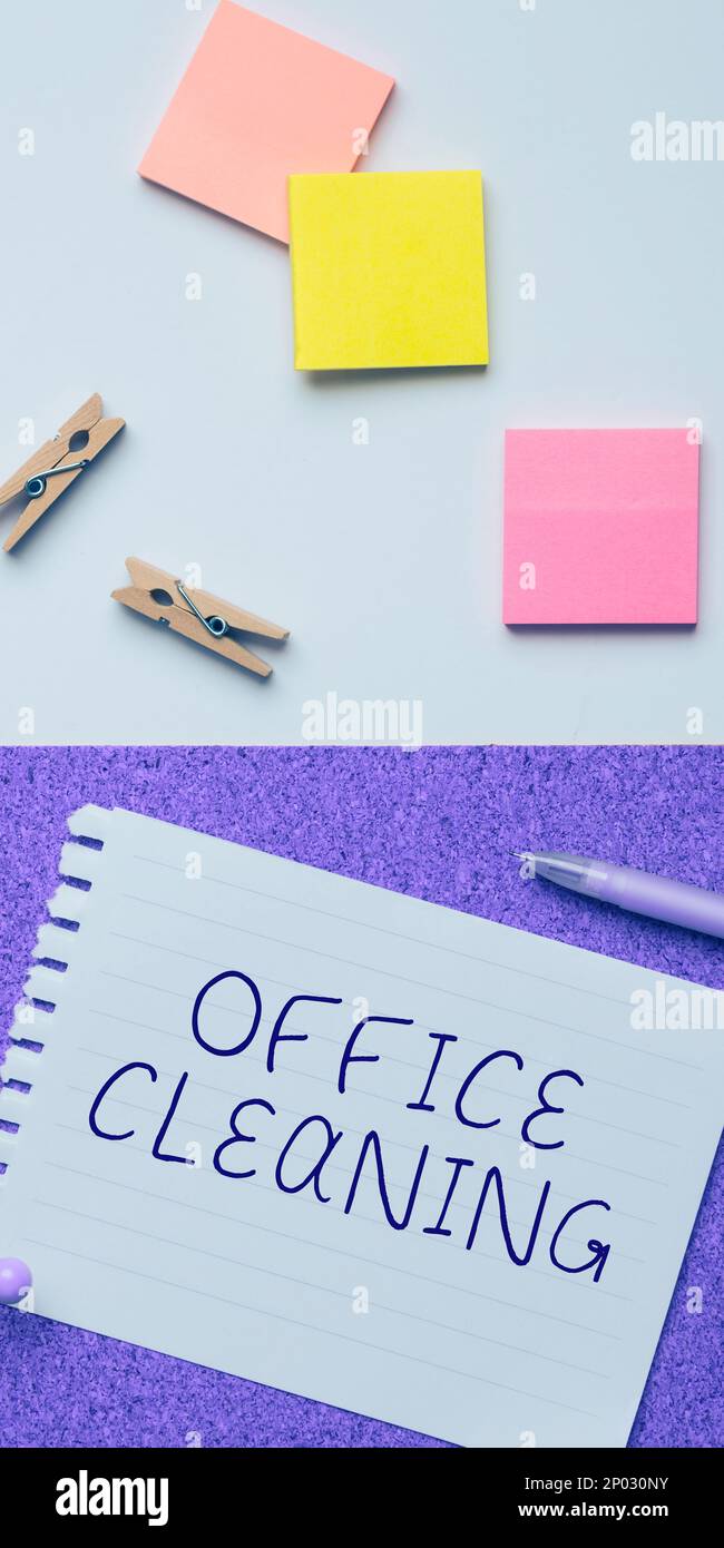 Hand writing sign Office Cleaning. Business approach the action or ...