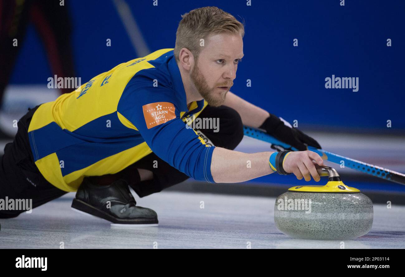 Sweden skip Niklas Edin makes a shot during the fifth draw against ...