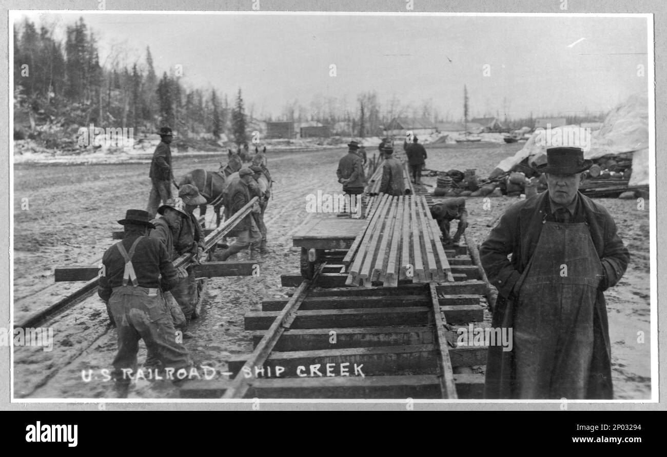Laying first rails of new U.S. railroad at Ship Creek , U.S. railroad ...