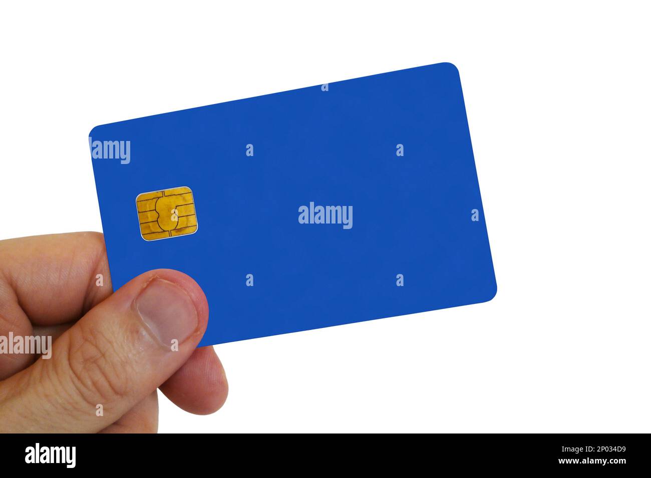 Close-up on the fingers of a man holding a blank blue smart card Stock ...