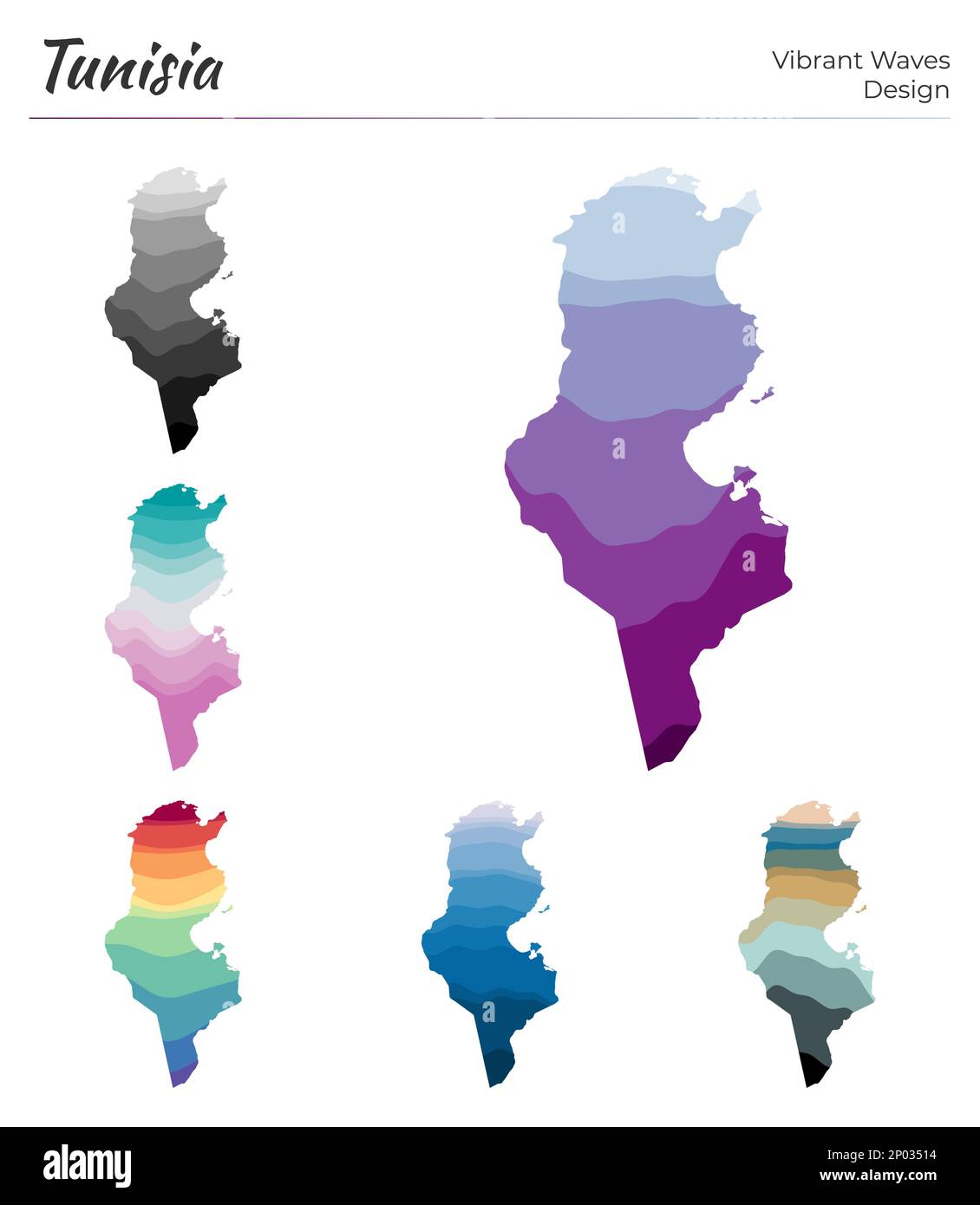 Set of vector maps of Tunisia. Vibrant waves design. Bright map of ...