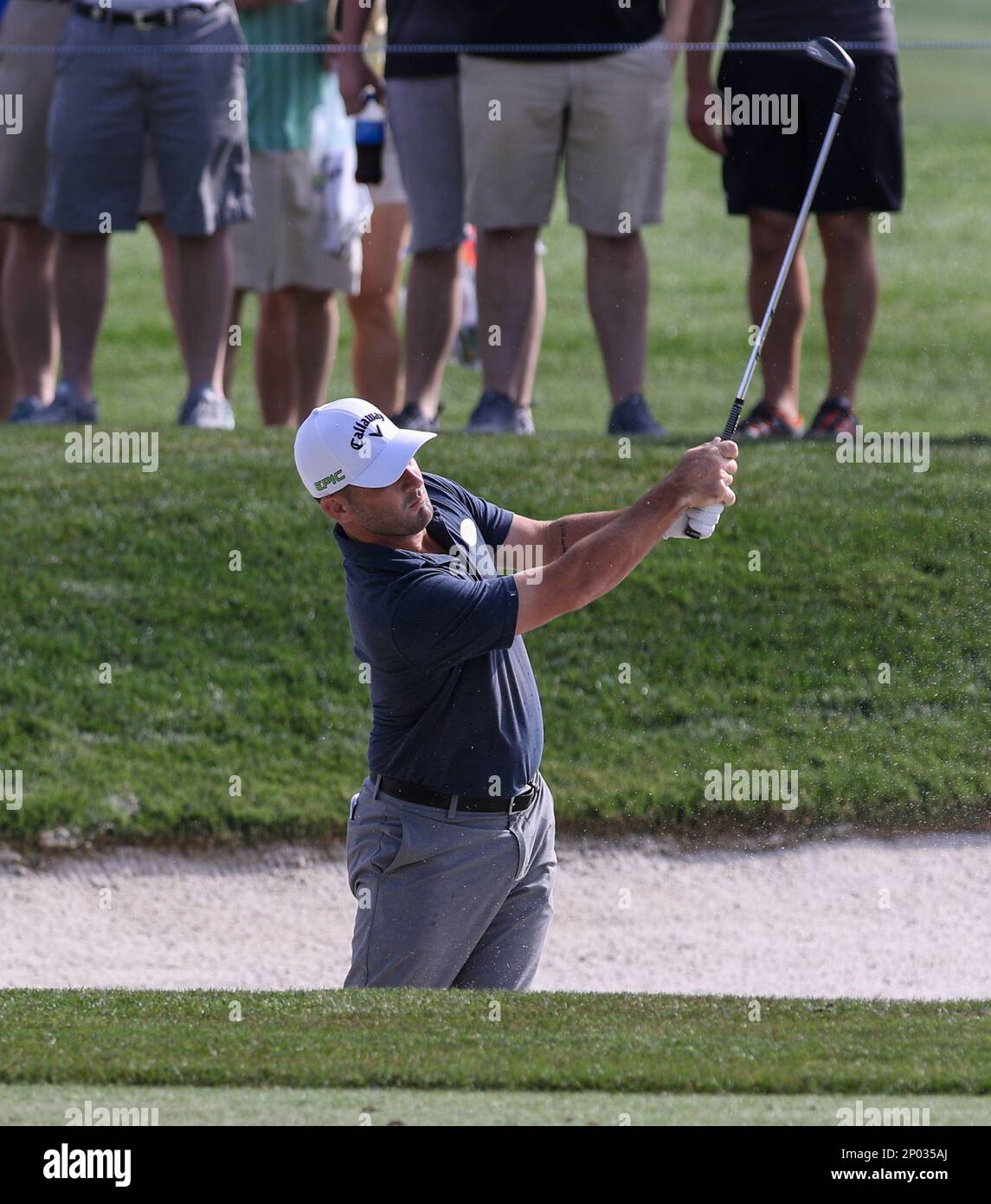 April 1, 2017: Matt Every hits a ball out of the sand on the 1st hole ...