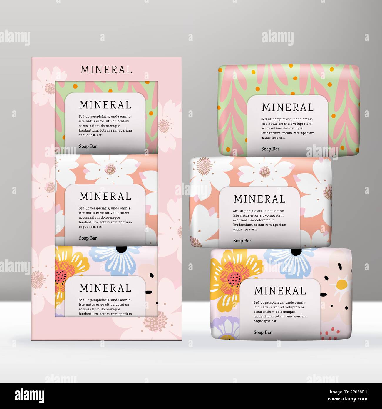 Vector Beauty Gift Box Packaging Soap Set with Floral Pattern Wrapping ...