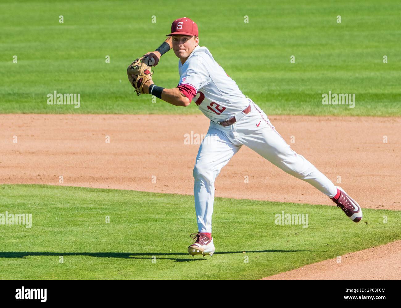 STANFORD, CA - MARCH 28: Stanford infielder Duke Kinamon (12) throwing ...