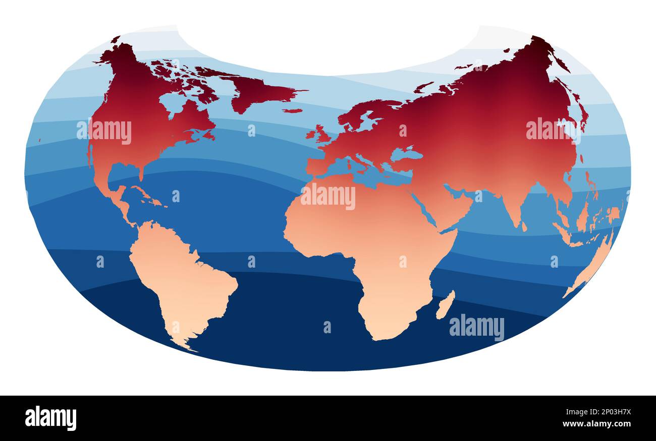 World Map Vector Armadillo Projection World In Red Orange Gradient On Deep Blue Ocean Waves