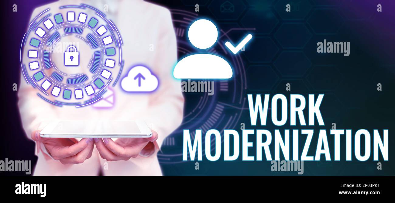 Conceptual display Work Modernization. Business overview changing product service and process to ...
