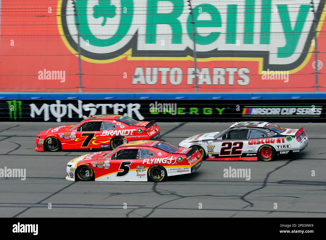 Justin Allgaier (7), Michael Annett (5) and Joey Logano (22) during the ...