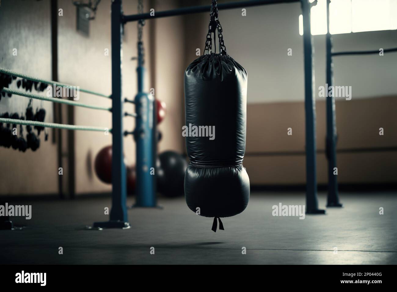 An AI-generated illustration of a black boxing bag in a gym, an active ...