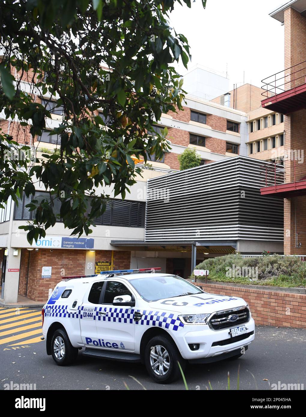A police car is seen at Geelong Hospital in Geelong, Victoria, Friday ...