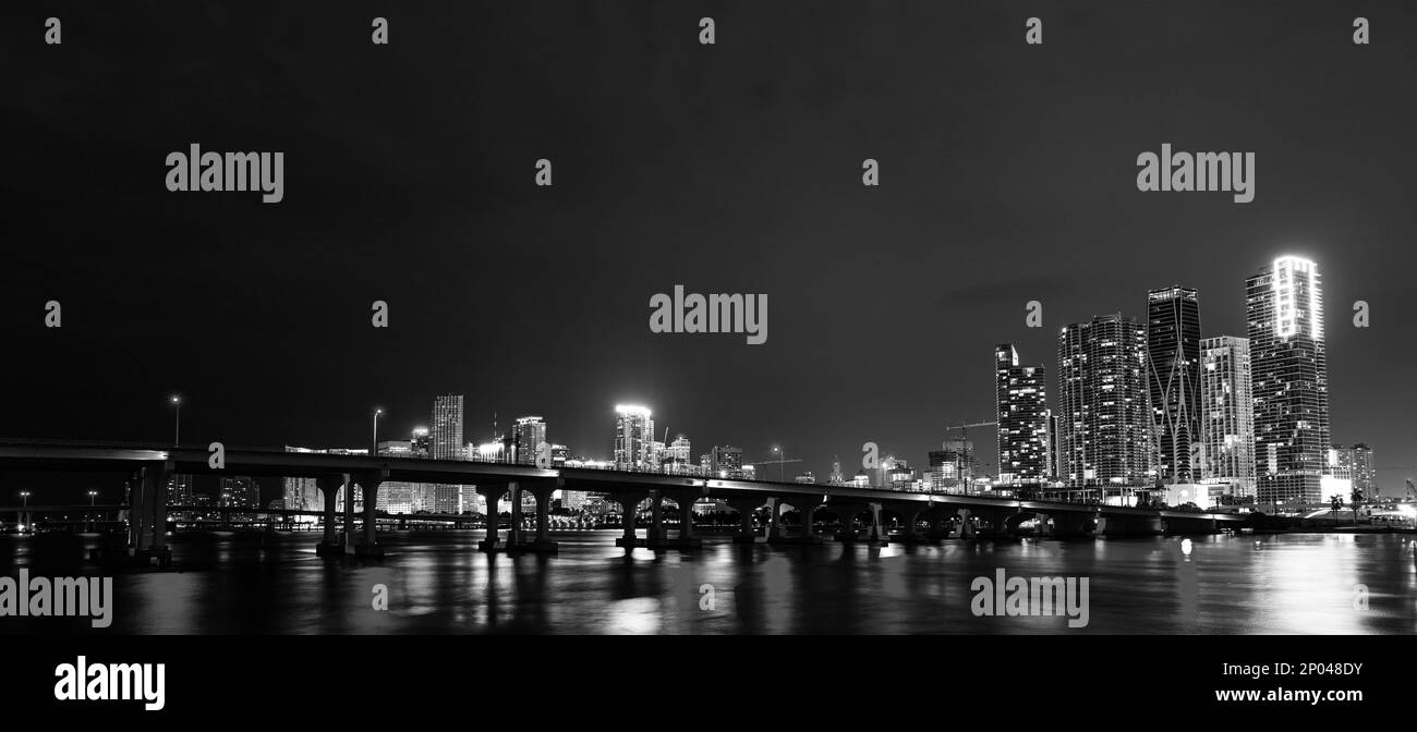 Miami night downtown. Miami Florida, sunset panorama with colorful ...