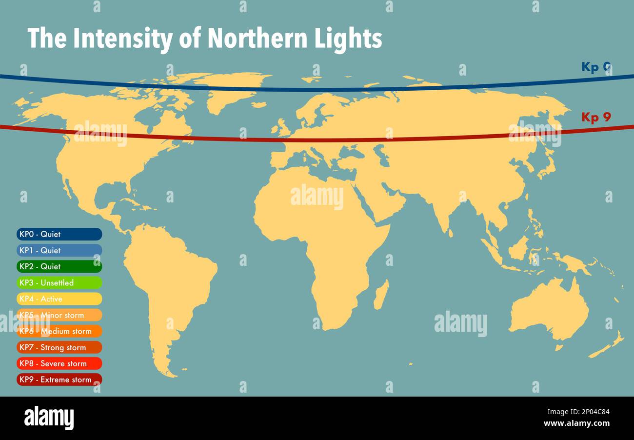 World map of intensity and visibility of Northern Lights Stock Photo ...