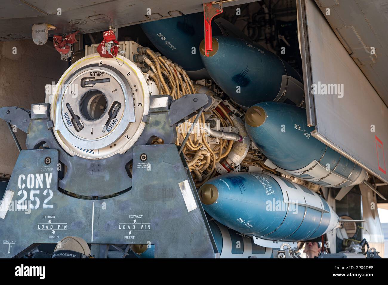 A Launcher Load Frame is raised into a B-1B Lancer at Dyess Air Force ...