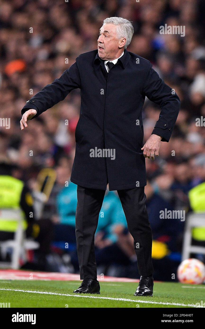 MADRID, SPAIN - MARCH 2: Coach Carlo Ancelotti of Real Madrid coaches ...