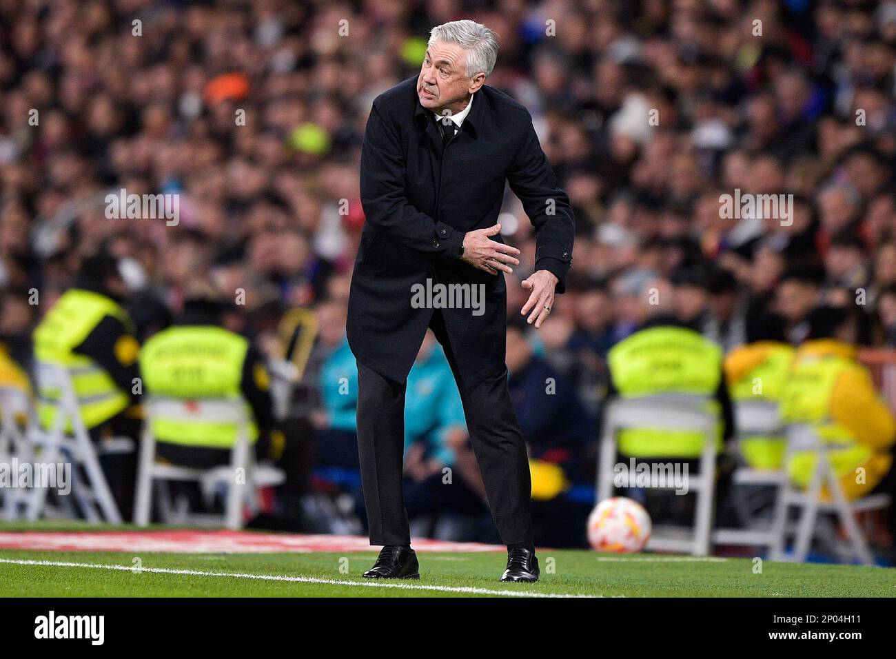 MADRID, SPAIN - MARCH 2: Coach Carlo Ancelotti of Real Madrid coaches ...
