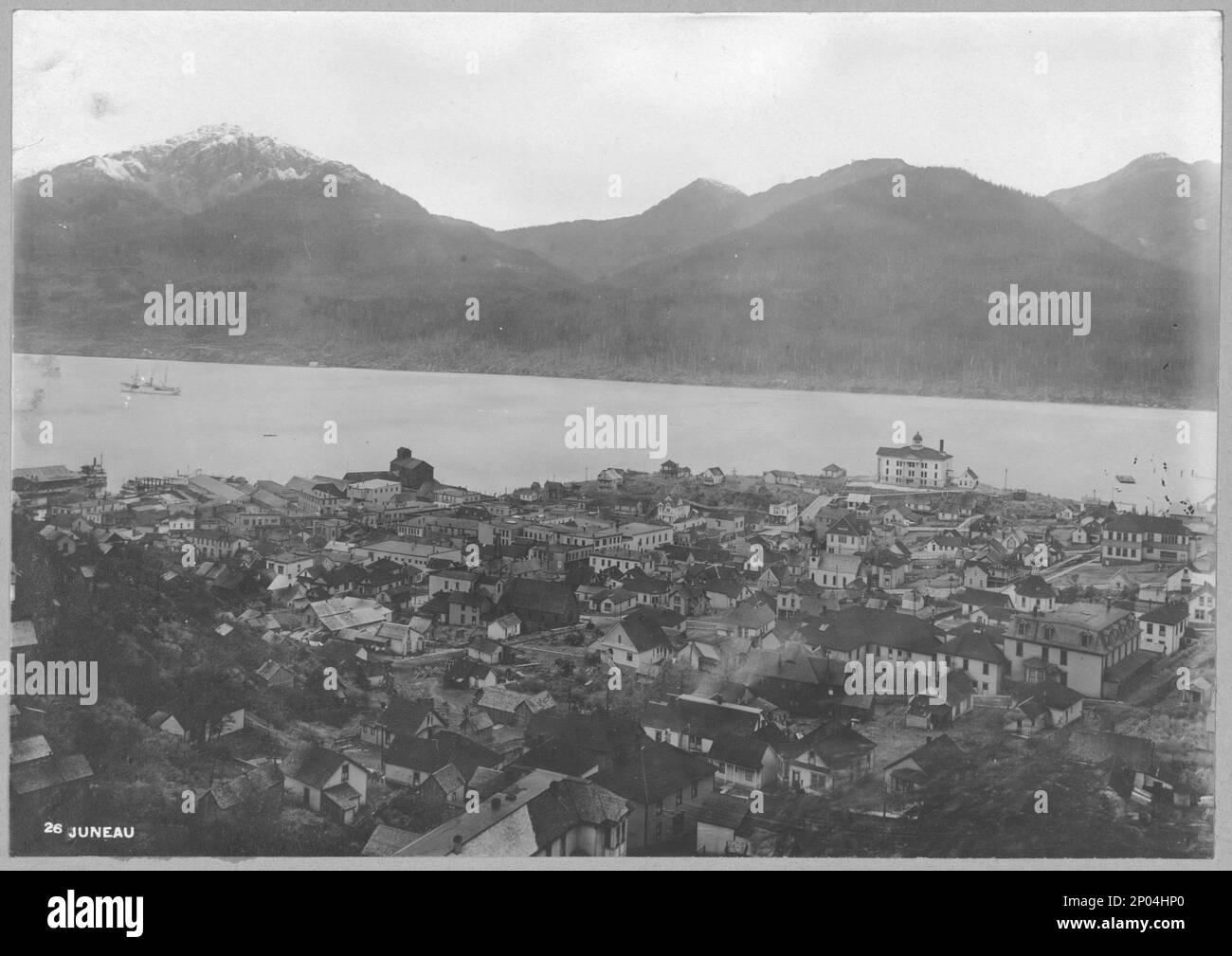 View of city, mountains and cabelship (sic) "Burnside" in channel ...