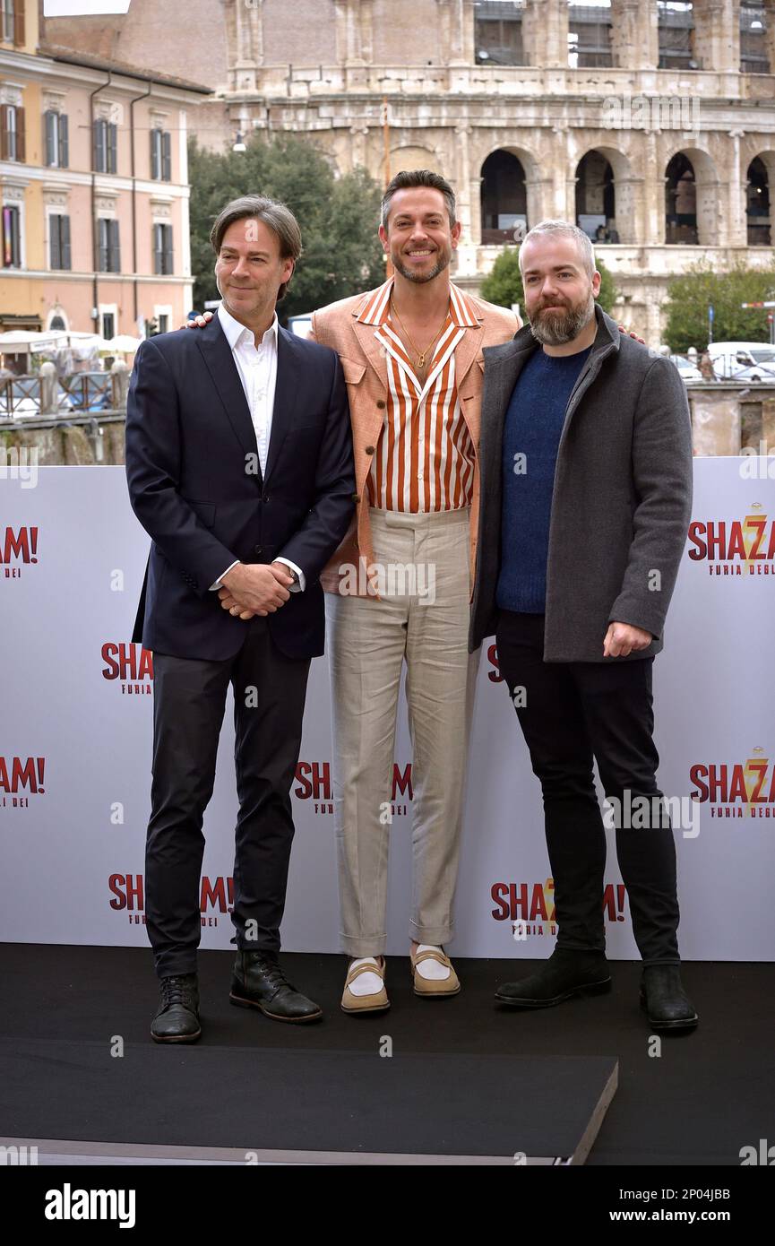 Rome, Italy. 02nd Mar, 2023. Producer Peter Safran, Zachary Levi and ...