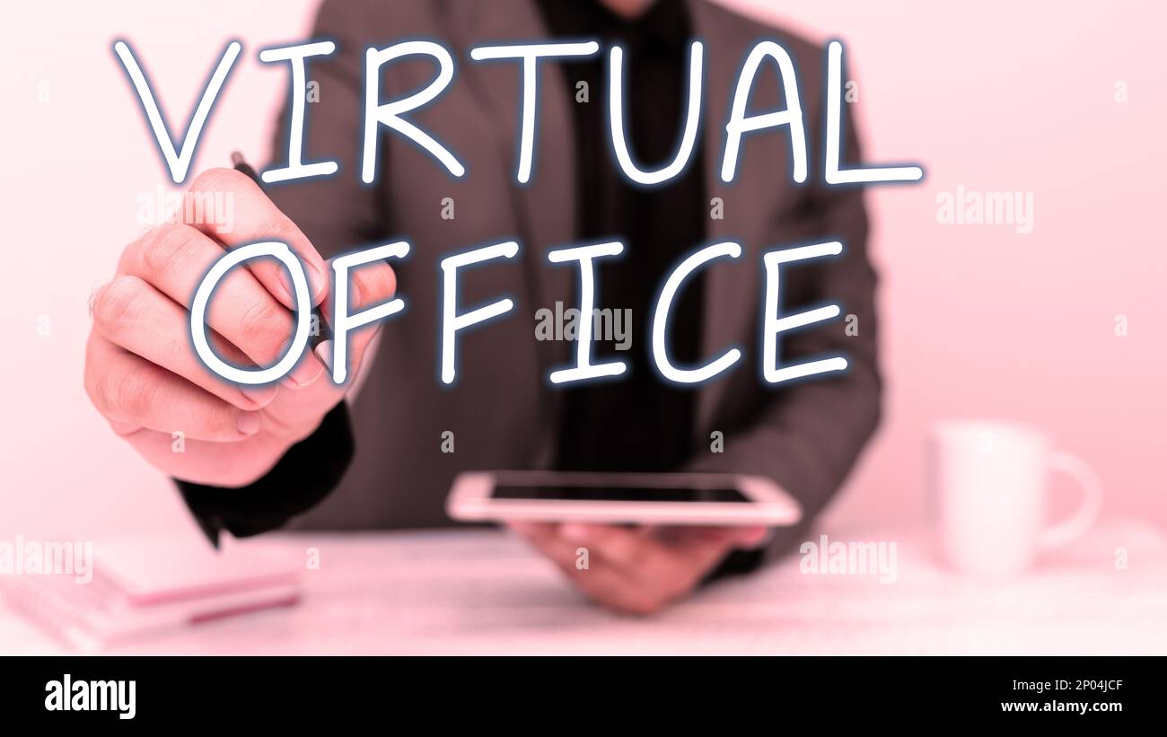 Text showing inspiration Virtual Office. Business overview Mobile work ...