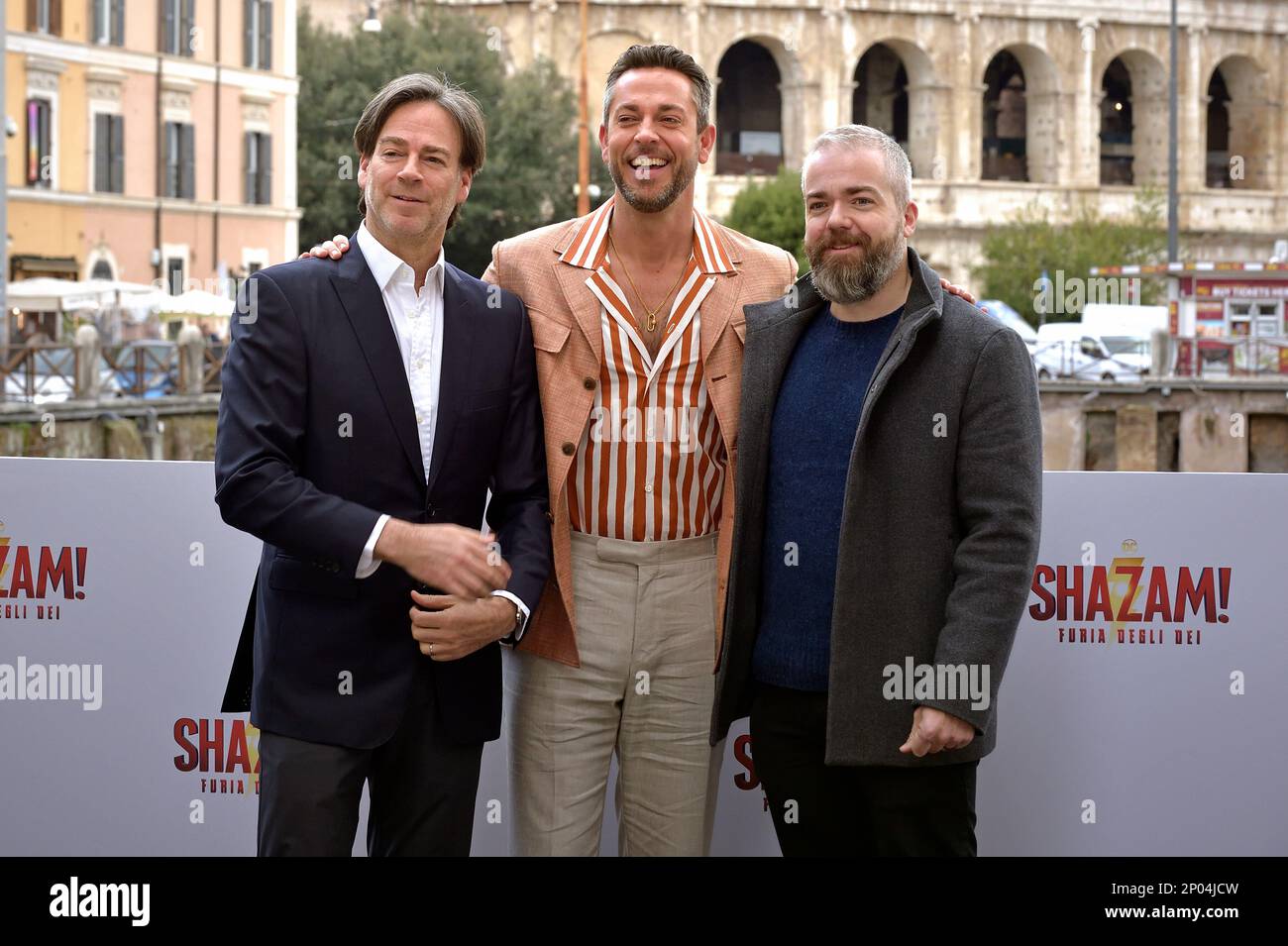 Rome, Italy. 02nd Mar, 2023. Producer Peter Safran, Zachary Levi and ...