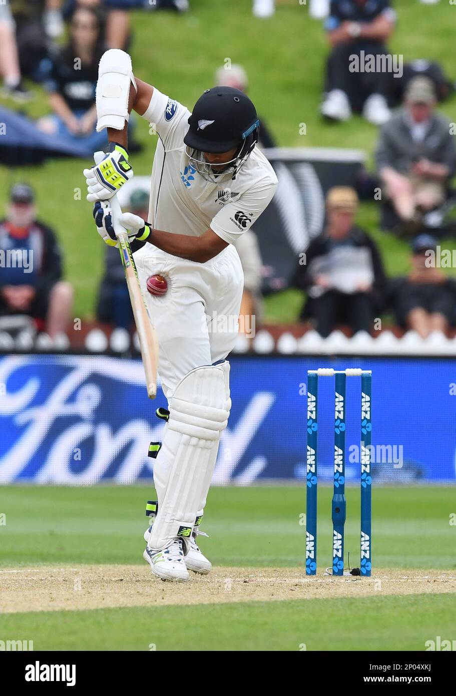 New Zealand's Jeet Raval takes a ball on the hip from the bowling of ...