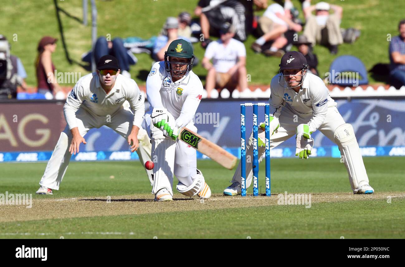 South Africa's Quentin de Kock, center, prepares to sweep during the ...