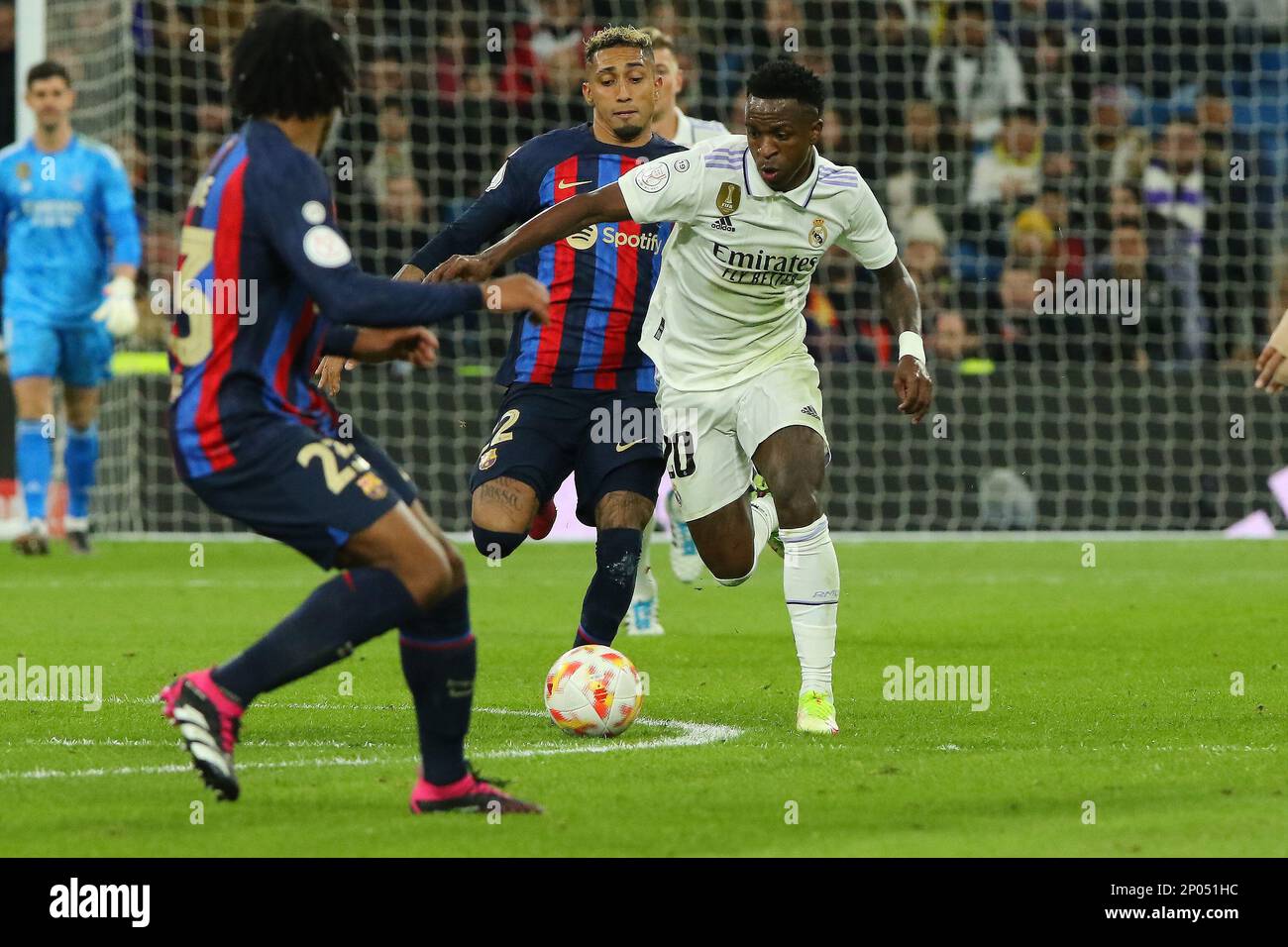 Madrid, Spain, on March 2, 2023. Real Madrid´s Vinícius Júnior (R) and ...