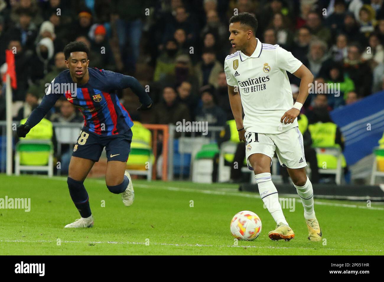 Madrid, Spain, on March 2, 2023. Real Madrid´s Rodrygo (R) and ...