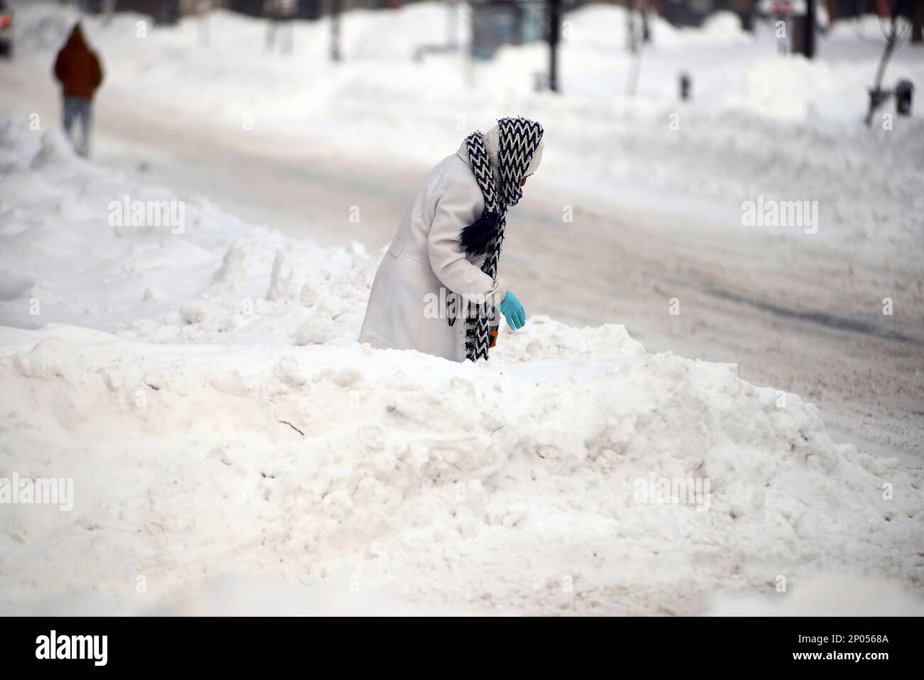 A woman attempts to walk in a thick snow bank in downtown Scranton, Pa ...