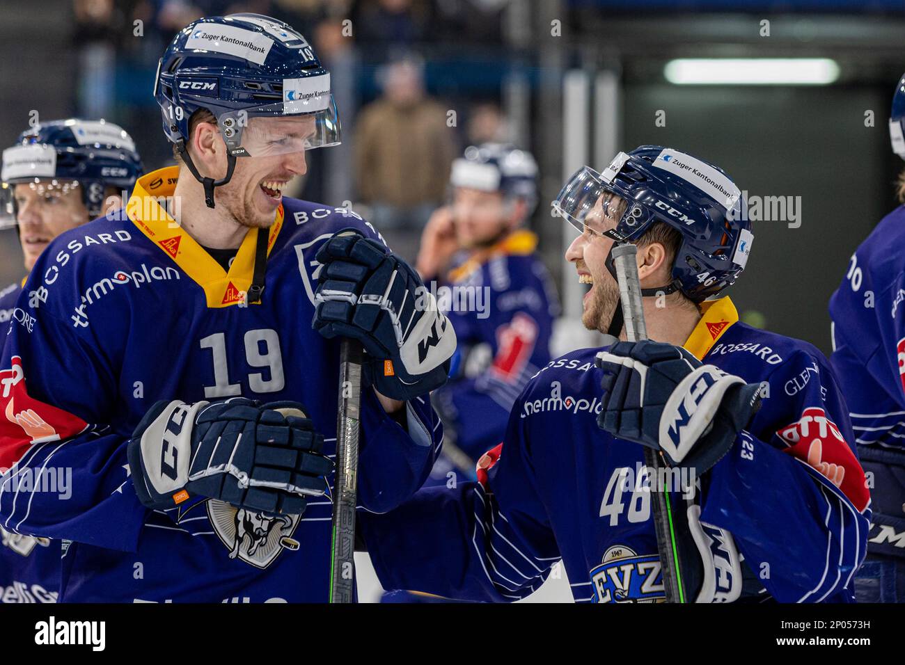 Zug . 02/03/2023, Niklas Hansson #19 (EV Zug) and Lino Martschini #46 ...