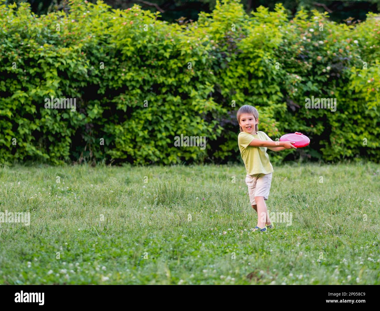 Little boy plays frisbee on grass lawn. Summer vibes. Outdoor leisure ...