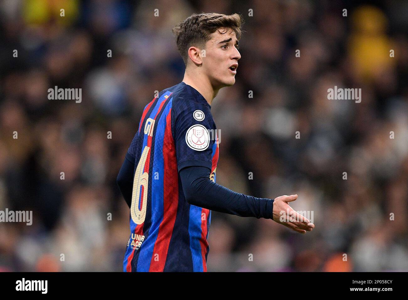 MADRID, SPAIN - MARCH 2: Gavi of FC Barcelona reacts during the Semi ...