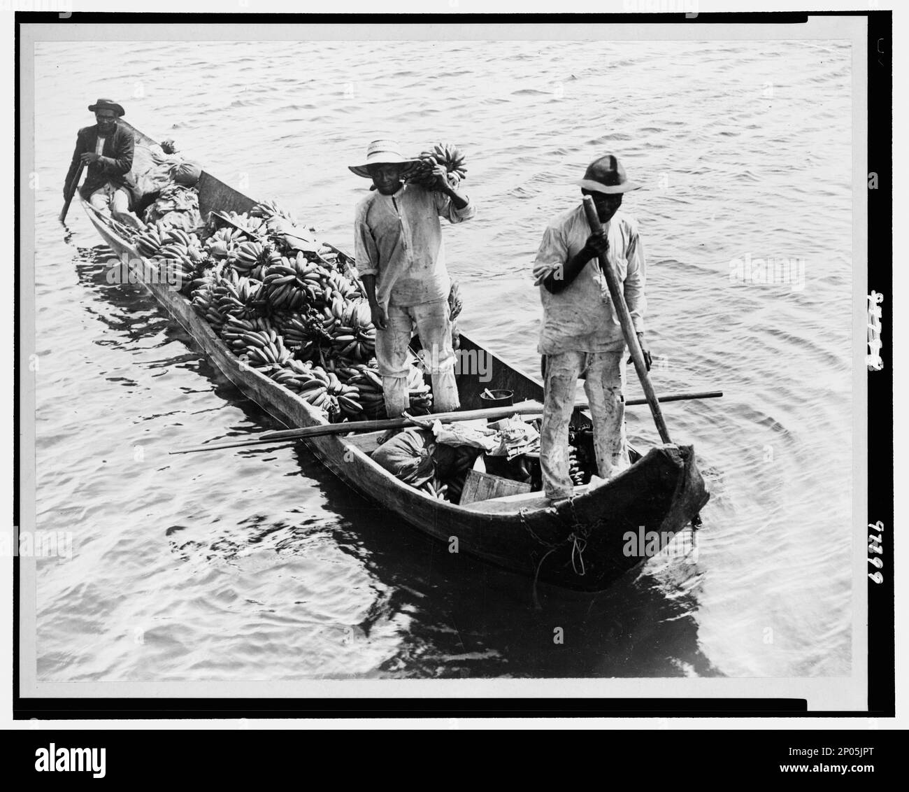 Three men in a boat transporting bananas to the city markets in Panama ...