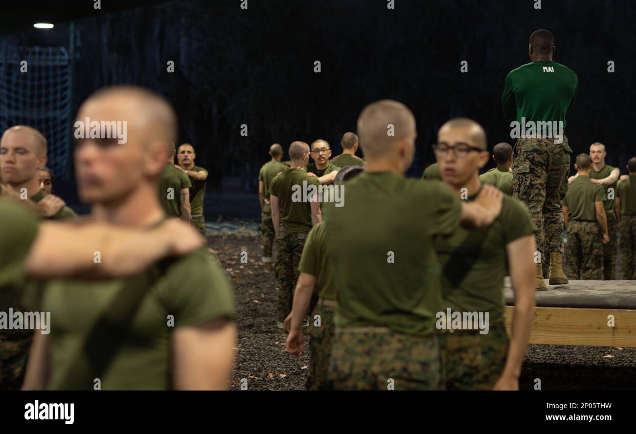 Recruits with Lima Company, 3rd Recruit Training Battalion, practice techniques from the Marine ...
