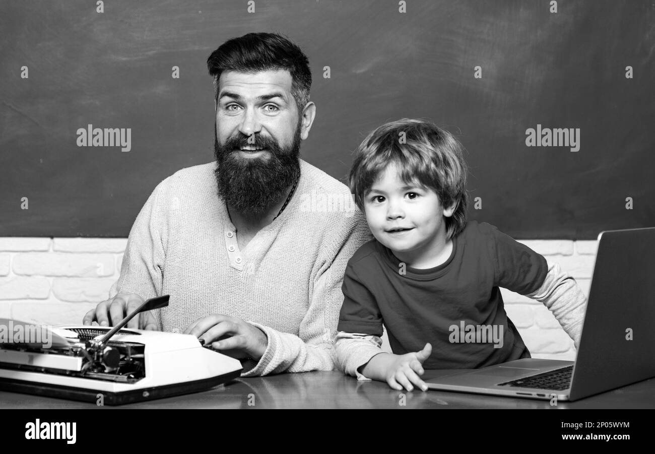 Young or adult. Happy family. Child learning. Preschool pupil. Man ...