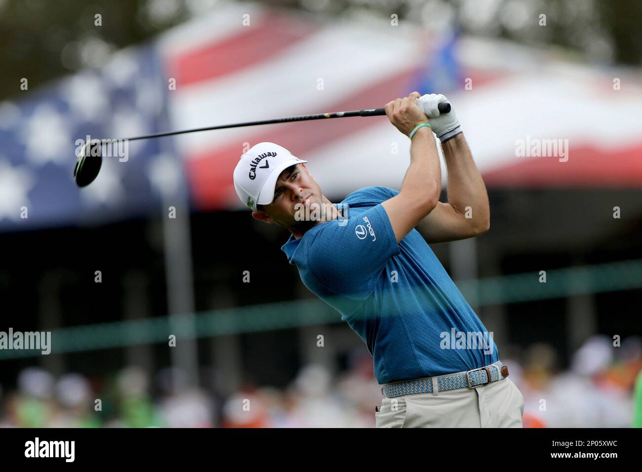 Wesley Bryan drives the ball at hole 14 in the second round of the ...
