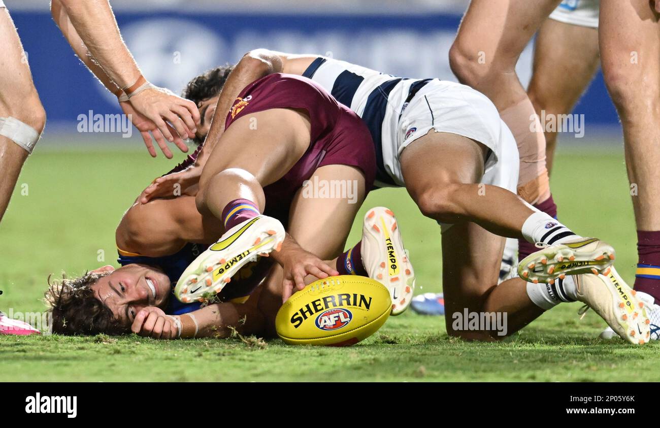 Josh Dunkley (left) of the Lions in action during the AFL official ...