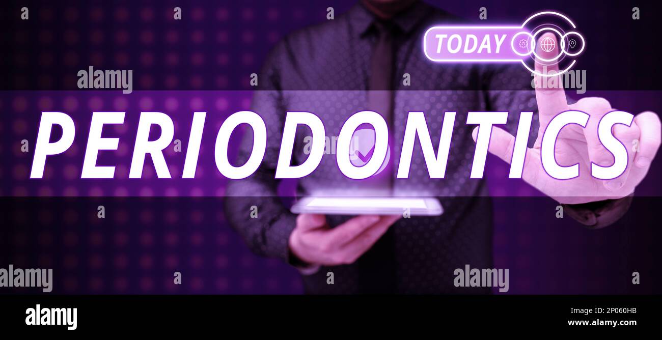 Text caption presenting Periodontics. Business overview a branch of dentistry deals with ...