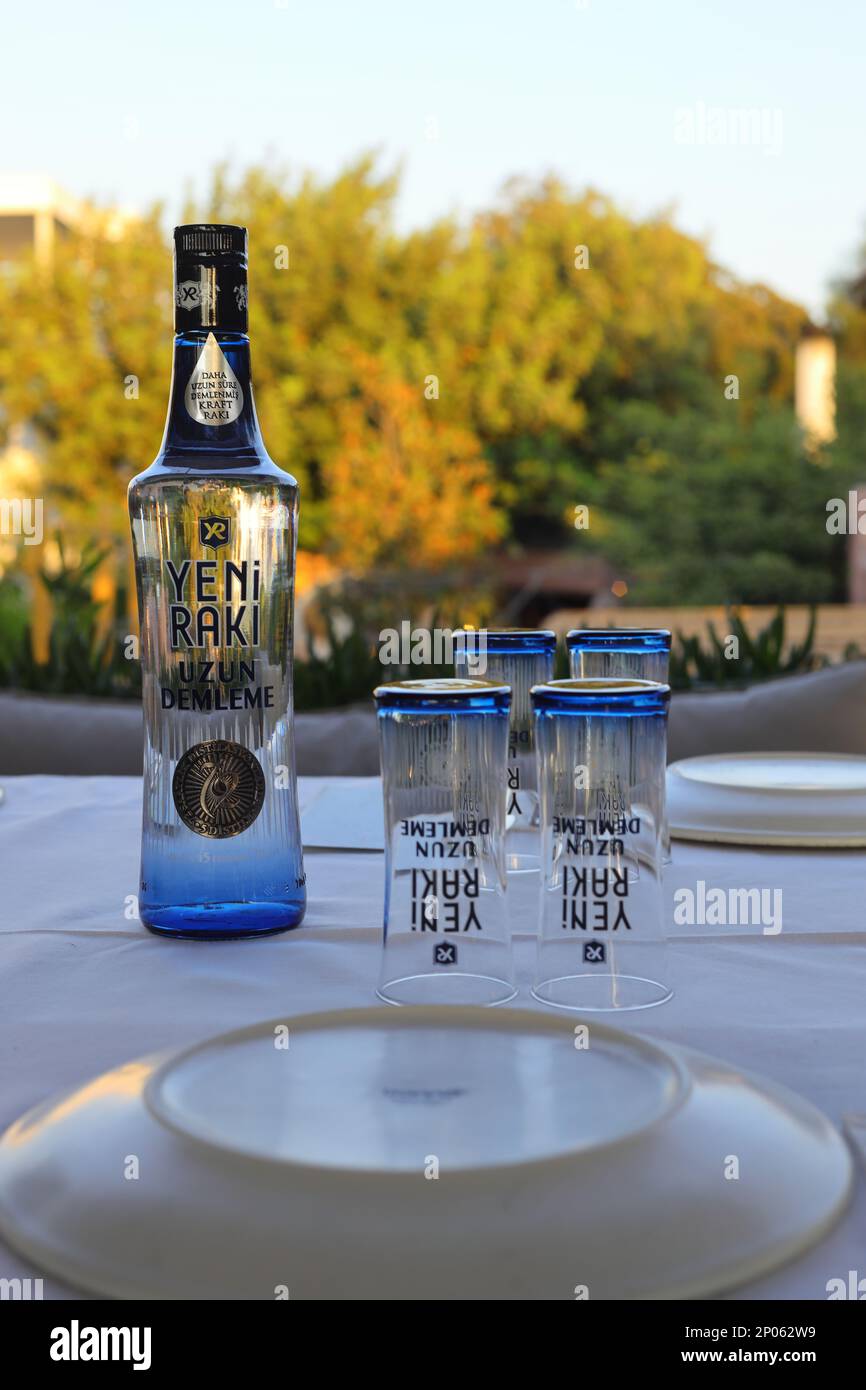 Bodrum, Mugla, Turkey. 26 August 2022: traditional Turkish raki table ...