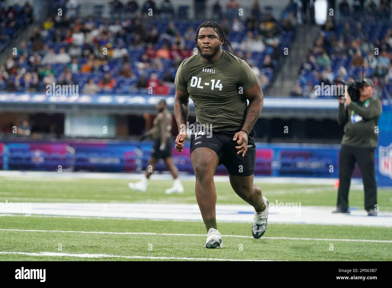 LSU defensive lineman Jaquelin Roy runs a drill at the NFL football ...