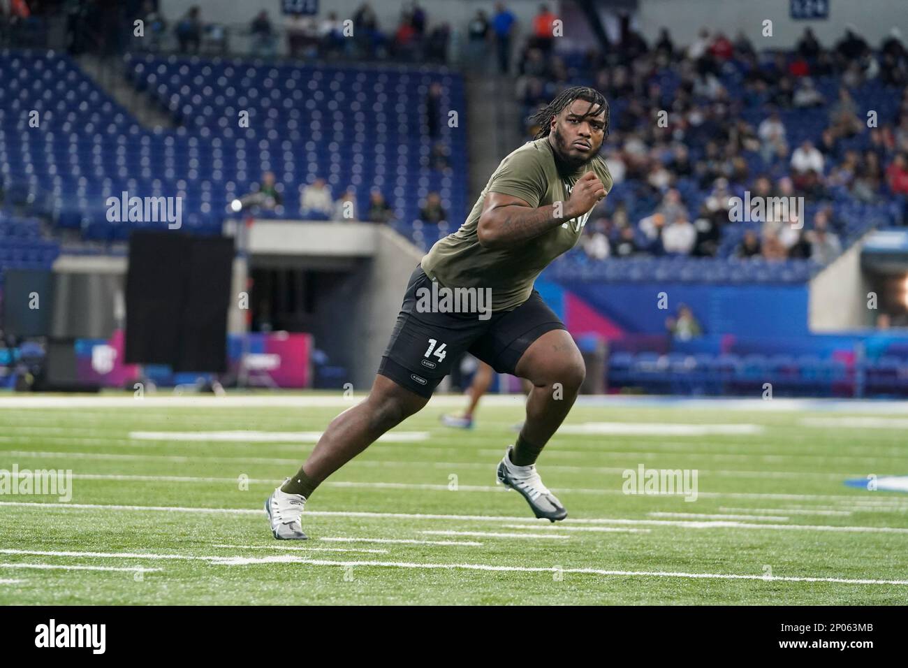 LSU defensive lineman Jaquelin Roy runs a drill at the NFL football ...