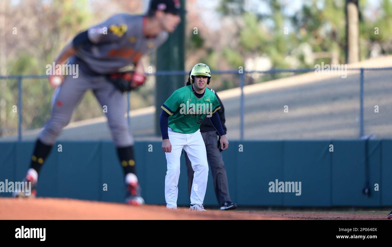 CARY, NC - MARCH 03: Notre Dame's Jake Johnson (39) takes a lead off of ...