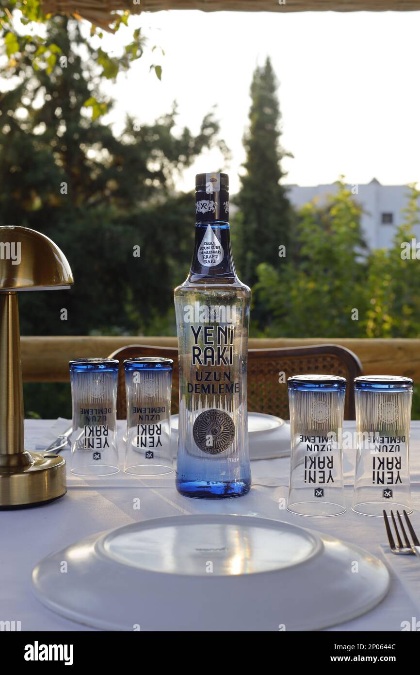 Bodrum, Mugla, Turkey. 26 August 2022: traditional Turkish raki table ...