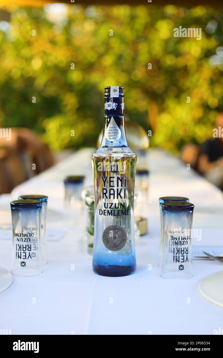 Bodrum, Mugla, Turkey. 26 August 2022: traditional Turkish raki table ...