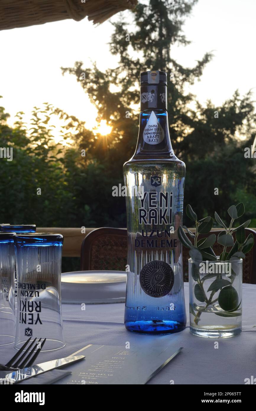 Bodrum, Mugla, Turkey. 26 August 2022: traditional Turkish raki table ...