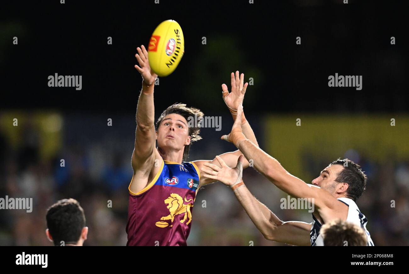 Eric Hipwood (centre) of the Lions in action during the AFL official ...
