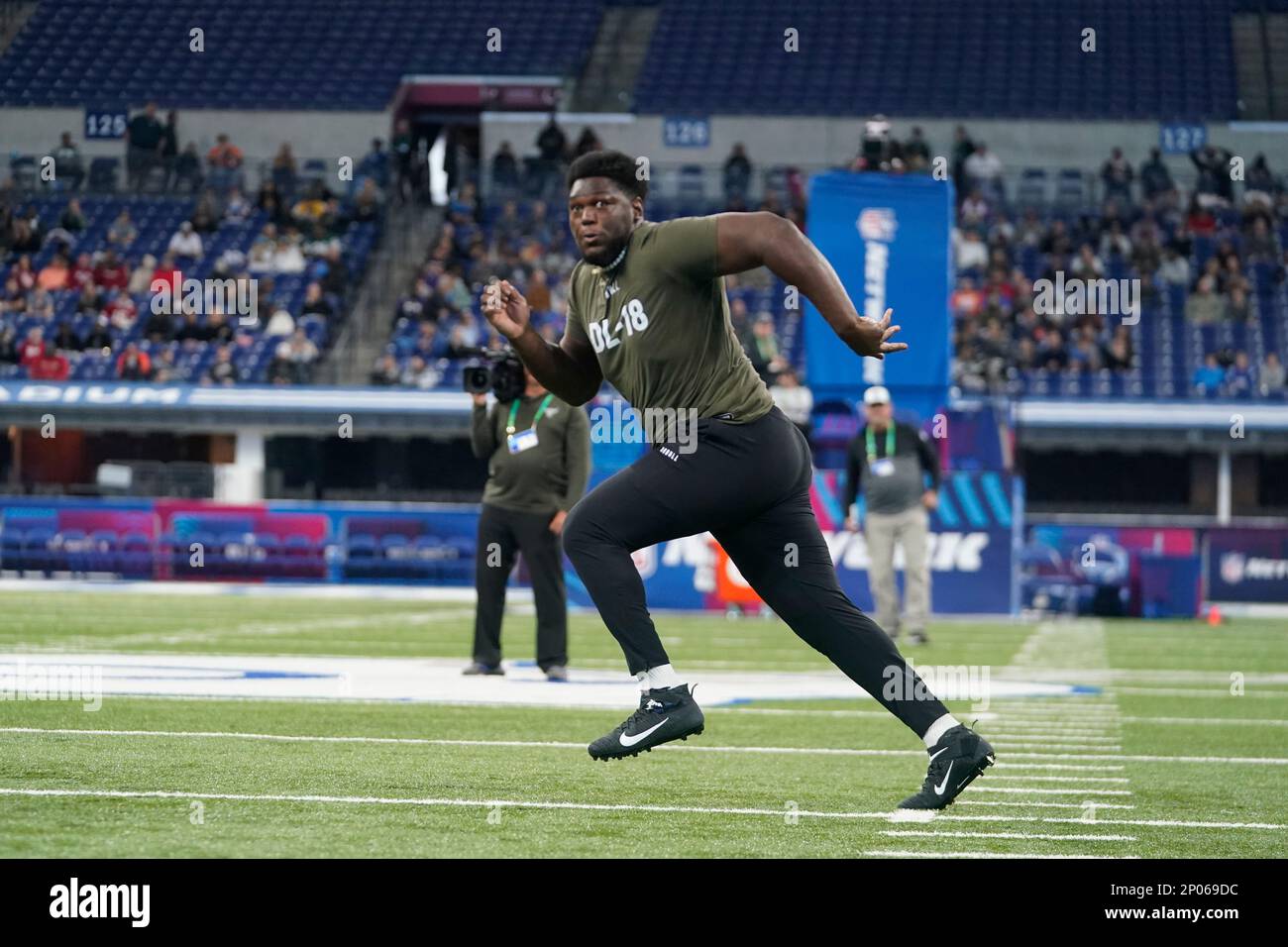 Alabama defensive lineman Byron Young runs a drill at the NFL football ...