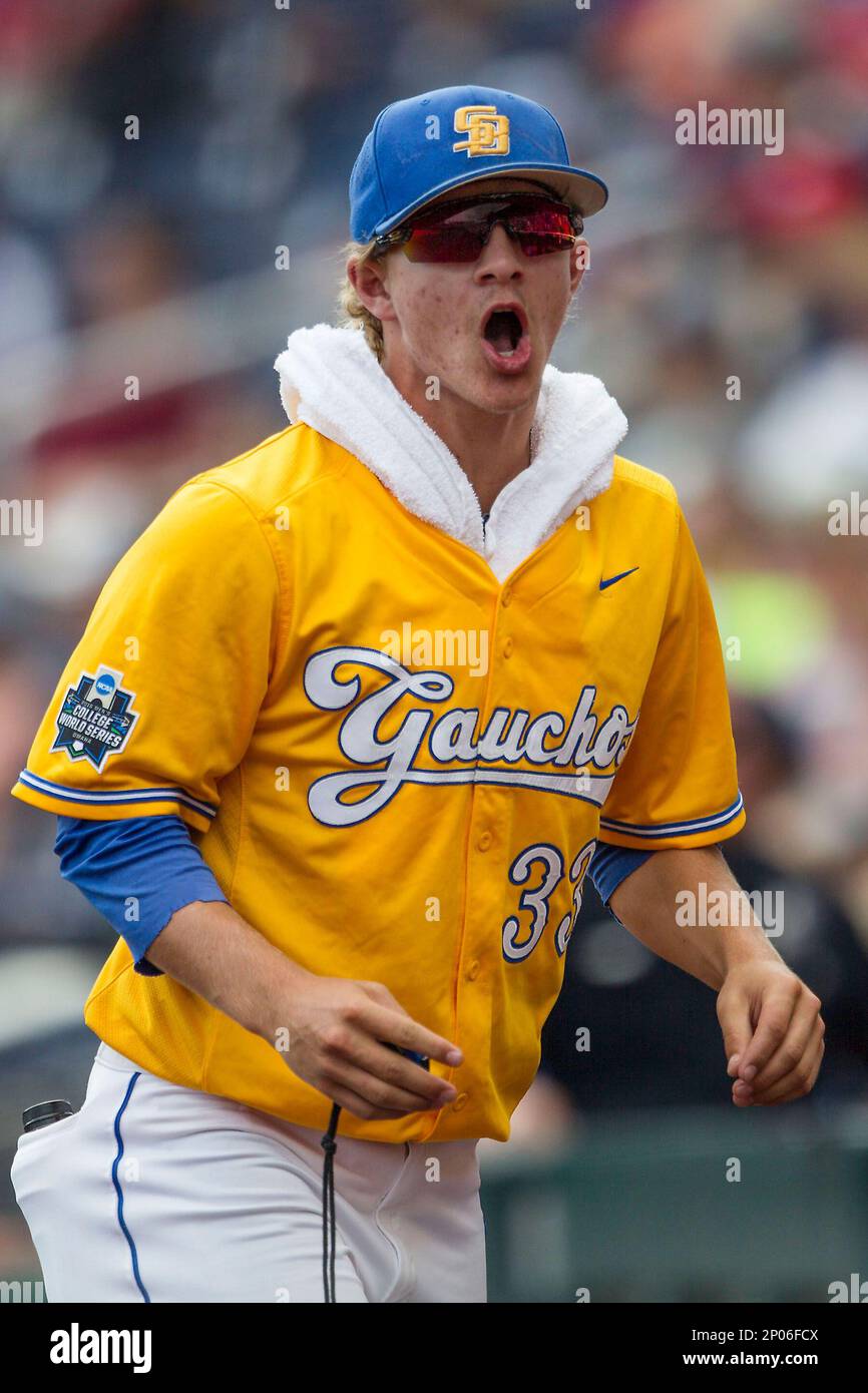 UC Santa Barbara Gauchos pitcher Noah Davis (34) celebrates his team ...