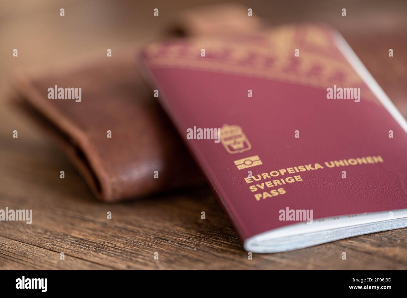 Close-up of a Swedish passport and a wallet for travel documents Stock ...