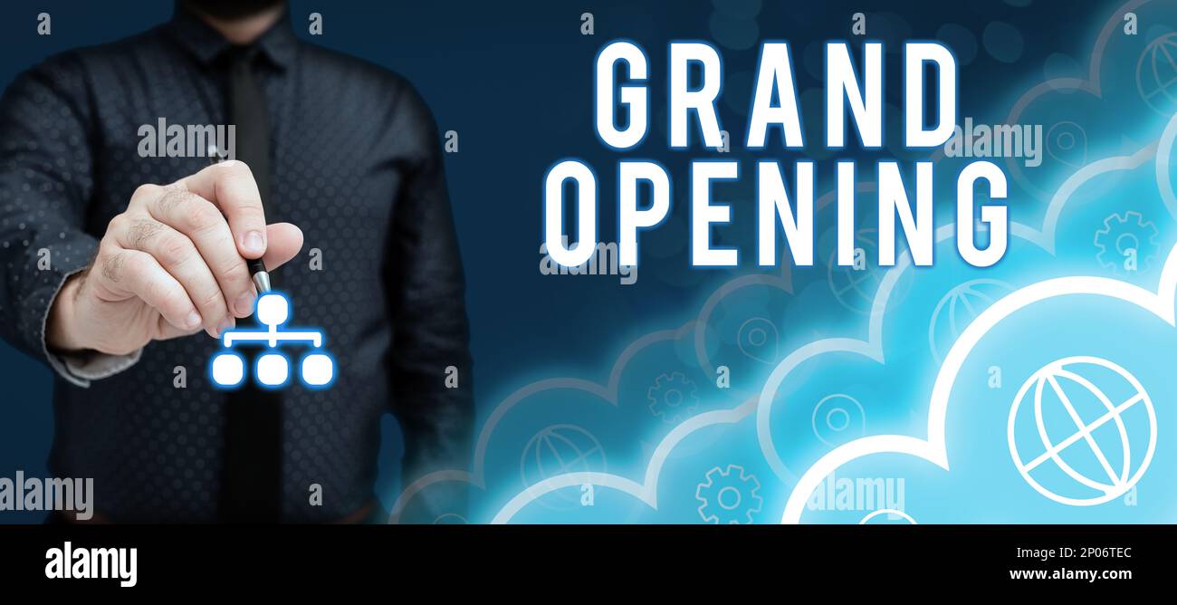 Sign displaying Grand Opening. Word Written on Ribbon Cutting New ...